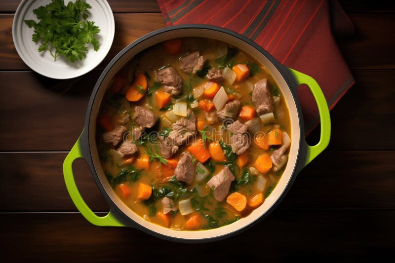 Top View of Beef Stew in Cast Iron Pot, Steam Visible Stock ...