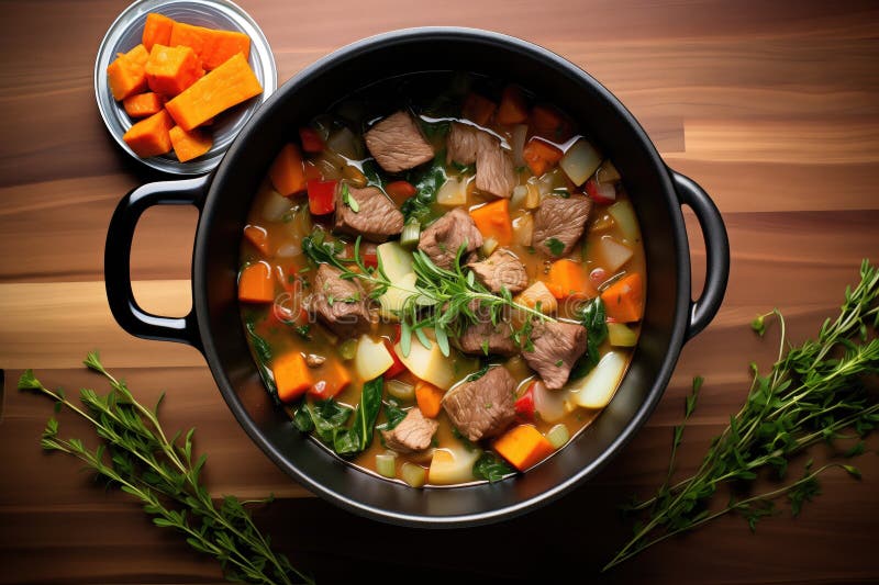Top View of Beef Stew in Cast Iron Pot, Steam Visible Stock ...