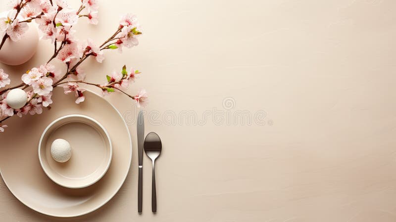 Top View of a Beige Easter Table with Plates and Flowering Branches ...