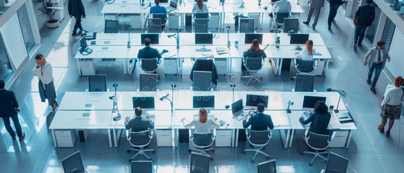 The Top View of a Big, Busy Corporate Office Shows Rows of People ...