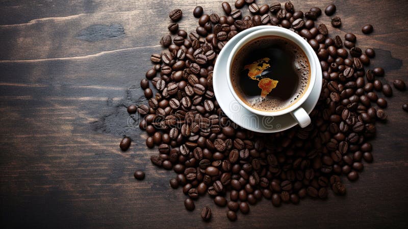 Top View of Black Coffee with a World Map on a Cup on the Table in the ...