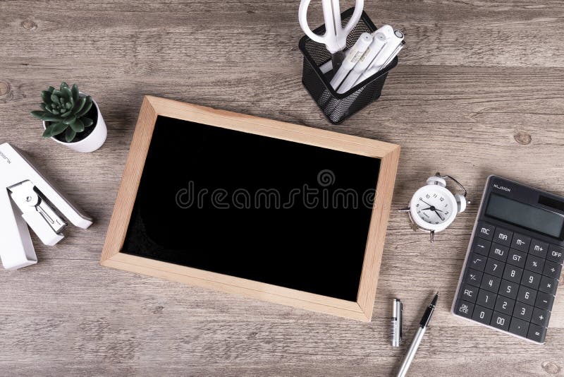 Top View of a Black Empty Chalkboard on an Office Desk Stock Image ...