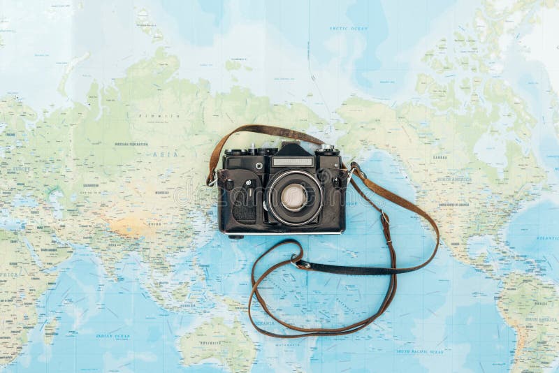 Top View of Black Film Camera on World Map. Stock Photo - Image of flat ...