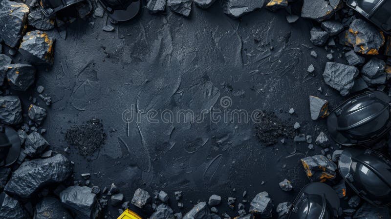 Top View of Black Hard Hats and Stones on a Dark Background ...