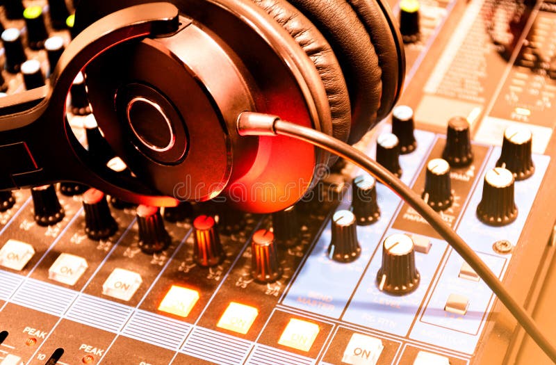 Top View Black Headphone on Console Sound Board Mixer Stock Photo ...