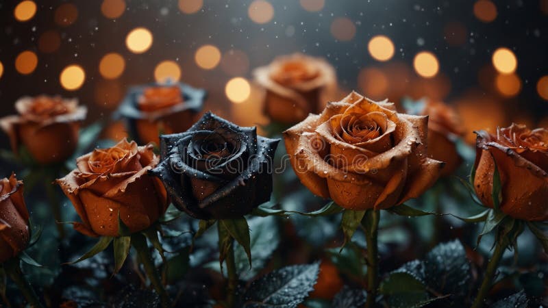 Top View Black Roses Covered with Orange Glitter Background. Stock ...
