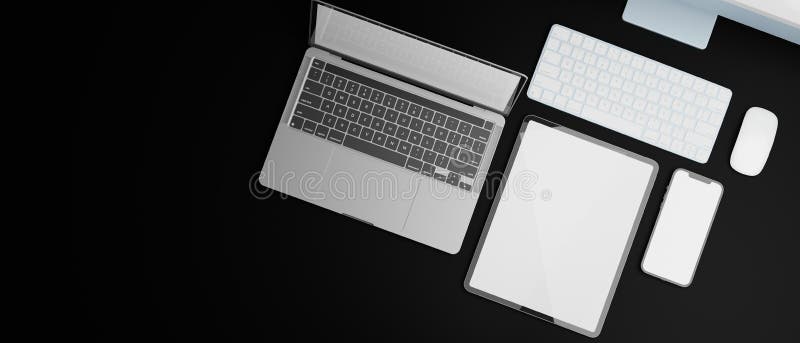 Top View of Black Table with Digital Devices with Mock-up Screen, 3D ...
