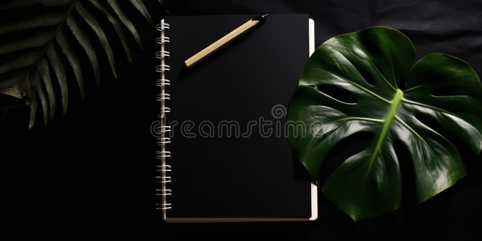 Top View of Black Table Top with Black Notepad with Monstera Leaves ...