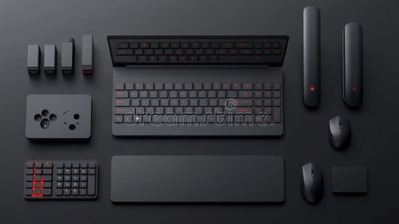 Top View of Black Tech Devices on Dark Background, Featuring a Laptop ...