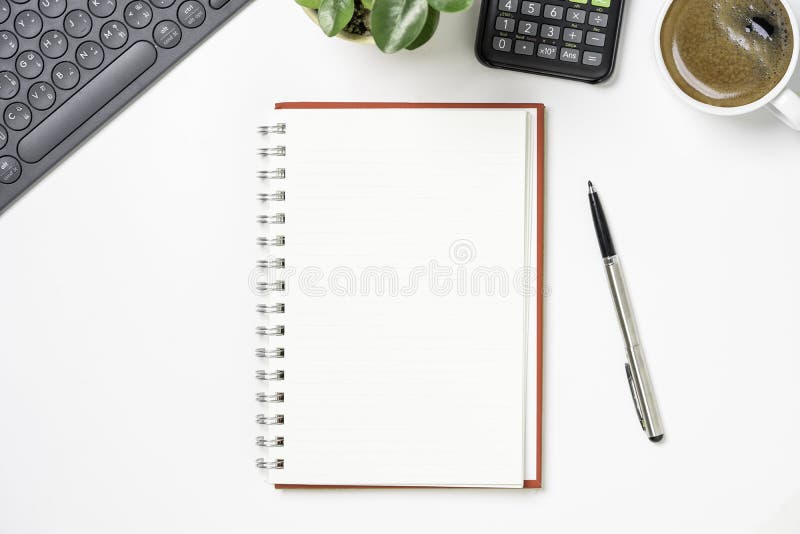 Top View of Blank Notebook with Pen Coffee Calculator and Computer ...