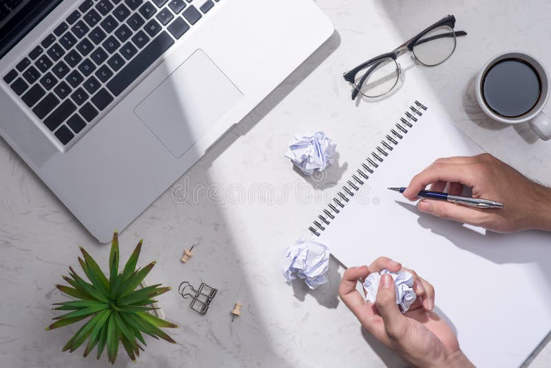 Top View of Blank Paper Waiting for Idea with Hand and Pen Stock Photo ...