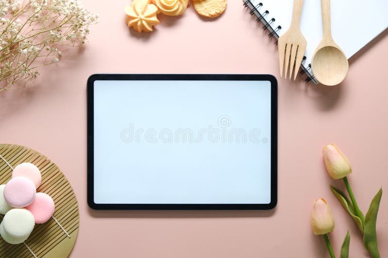 Top View of Blank Screen Tablet on Pink Working Desk Stock Photo ...