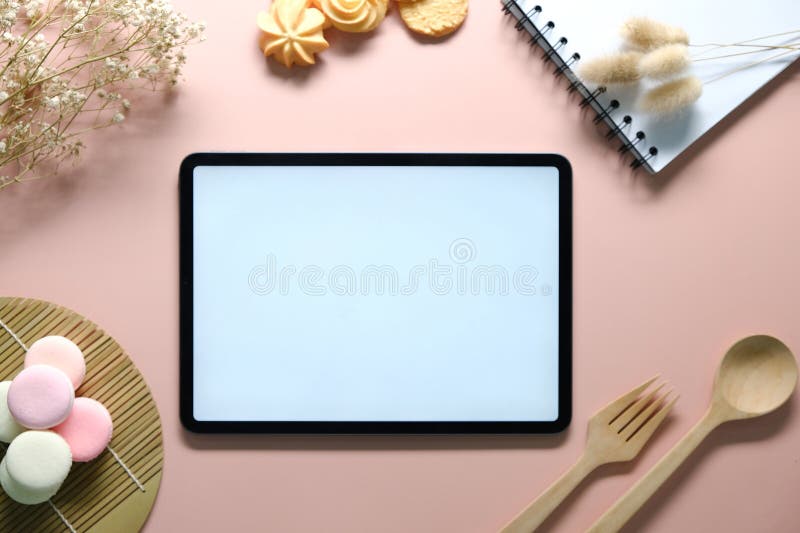 Top View of Blank Screen Tablet on Pink Working Desk Stock Image ...