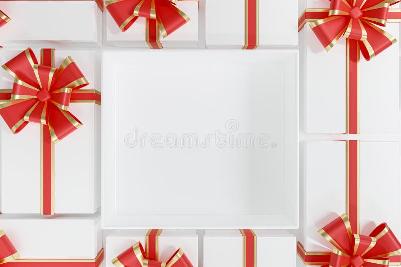 Top View of Blank White Gift Box with Red Ribbon on Black Background ...