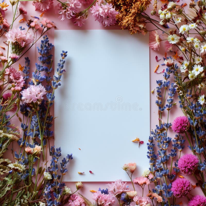 Top View of Blank White Paper Mockup with Dried Flowers Around Stock ...