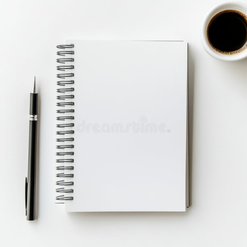 Top View of a Blank White Spiral Notebook with a Pen and Coffee on a ...