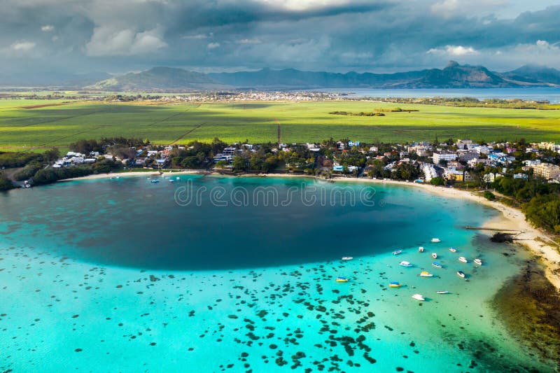 Top View of the Blue Bay Lagoon of Mauritius. a Boat Floats on a ...