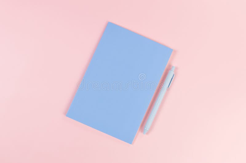 Top View of Blue Notebook, Blue Pen on Pink Background. School, Office ...