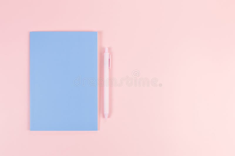 Top View of Blue Notebook, Pink Pen on Pink Background. School, Office ...