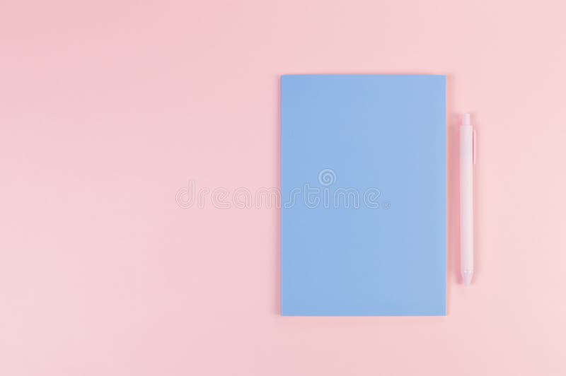 Top View of Blue Notebook, Pink Pen on Pink Background. School, Office ...