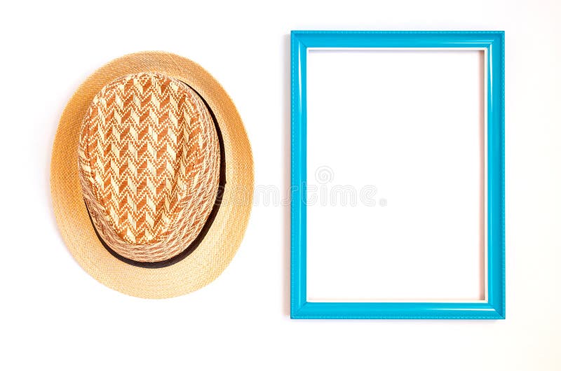 Picture Frame Wooden and Woven Hat. Stock Image - Image of background ...