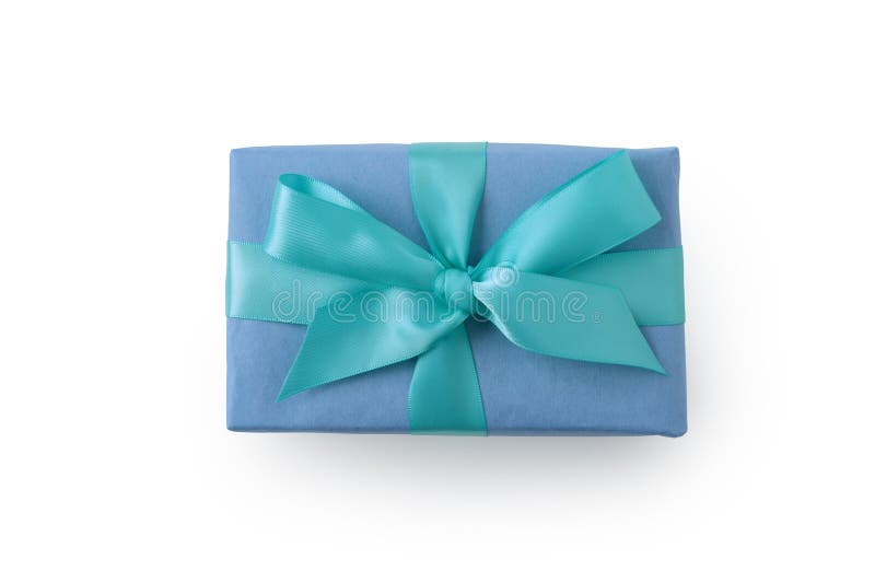 Top View of Blue Rectangular Present Box with Ribbon Isolated on White ...
