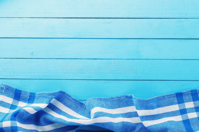 Top View of Blue Tablecloth in Downside of Wooden Table Stock Photo ...