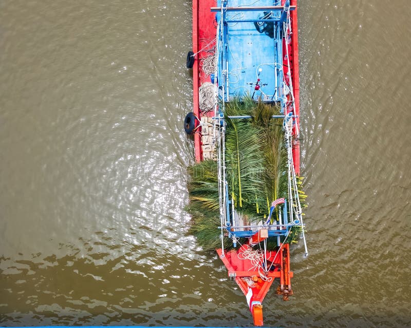 Top View of a Boat Moving with Leaves on the River. Stock Photo - Image ...