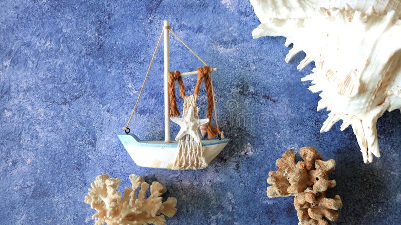 Top View Boat with Seashell, Conch Shell on Blue Background, Stock ...