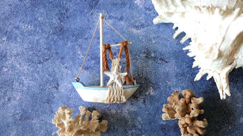 Top View Boat with Seashell, Conch Shell on Blue Background, Stock ...