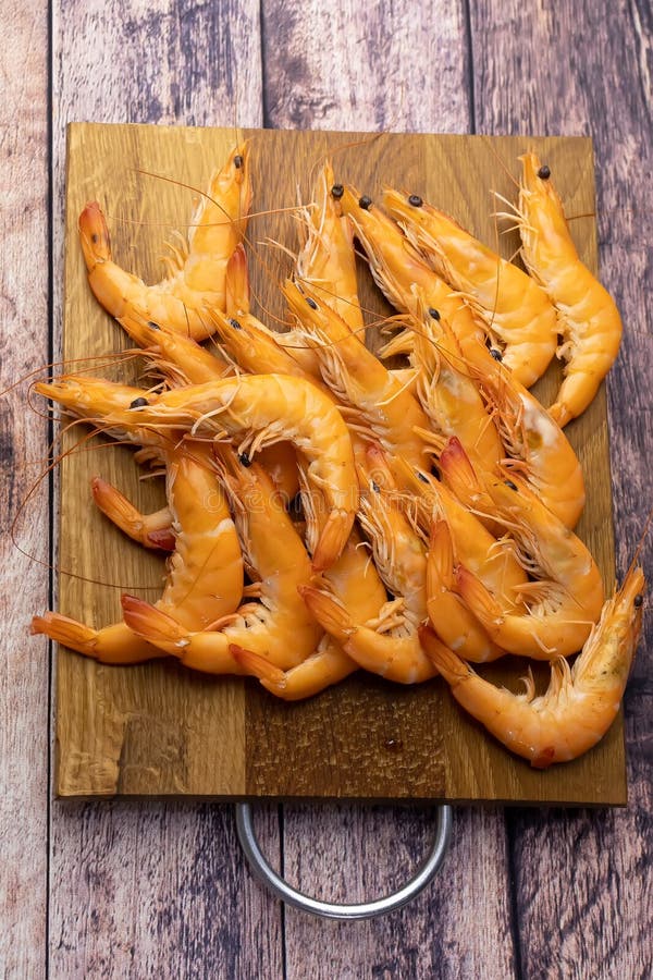 Top View of the Boiled Shrimp that Lie on a Stand Made of Wood Stock ...
