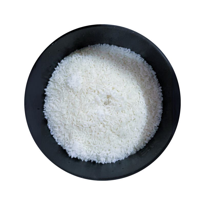 Top View of Boiled White Rice on Black Bowl Isolated on White ...