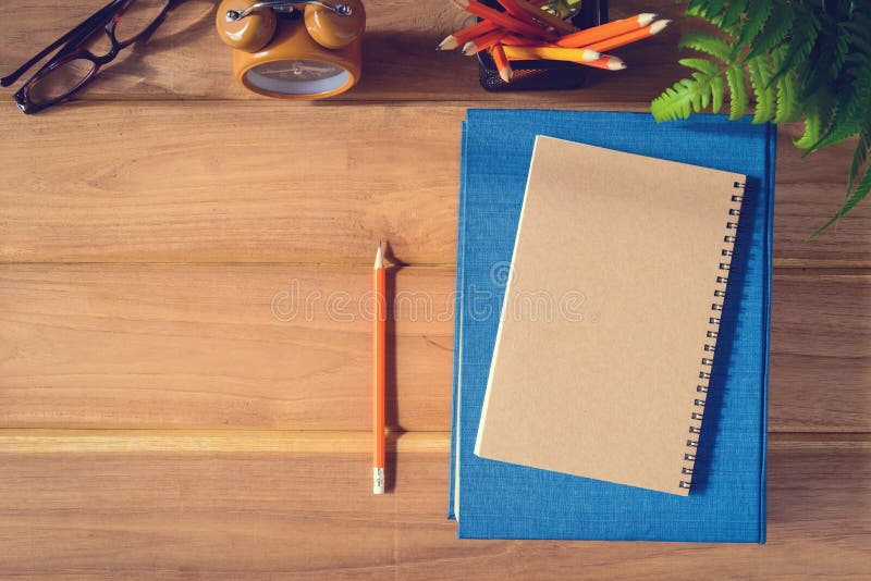 Top View Book and Pencil Note on Wood Table Stock Photo - Image of ...