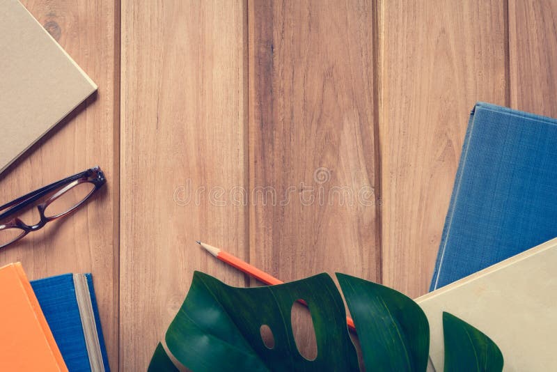 Top View Book and Pencil Note on Wood Table Stock Image - Image of ...