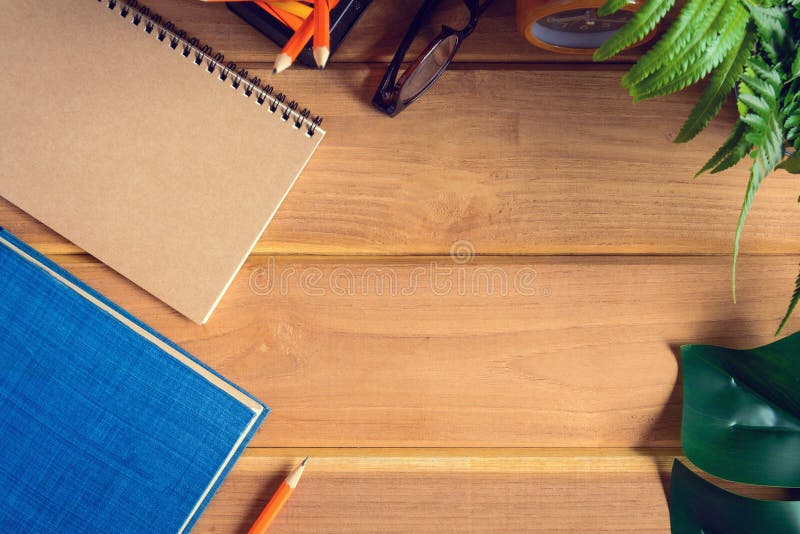 Top View Book and Pencil Note on Wood Table Stock Photo - Image of ...