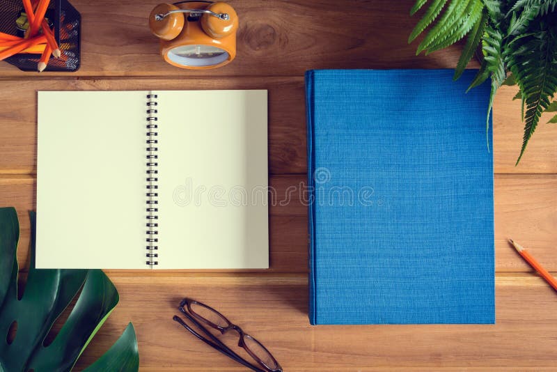 Top View Book and Pencil Note on Wood Table Stock Photo - Image of ...