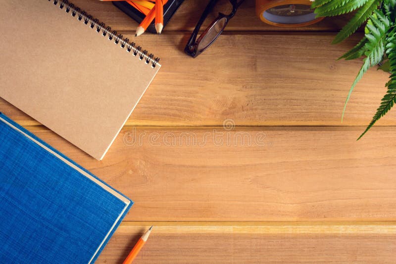 Top View Book and Pencil Note on Wood Table Stock Image - Image of ...