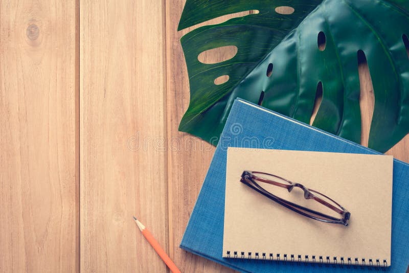 Top View Book and Pencil Note on Wood Table Stock Image - Image of ...