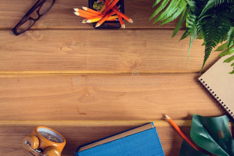 Top View Book and Pencil Note on Wood Table Stock Photo - Image of ...