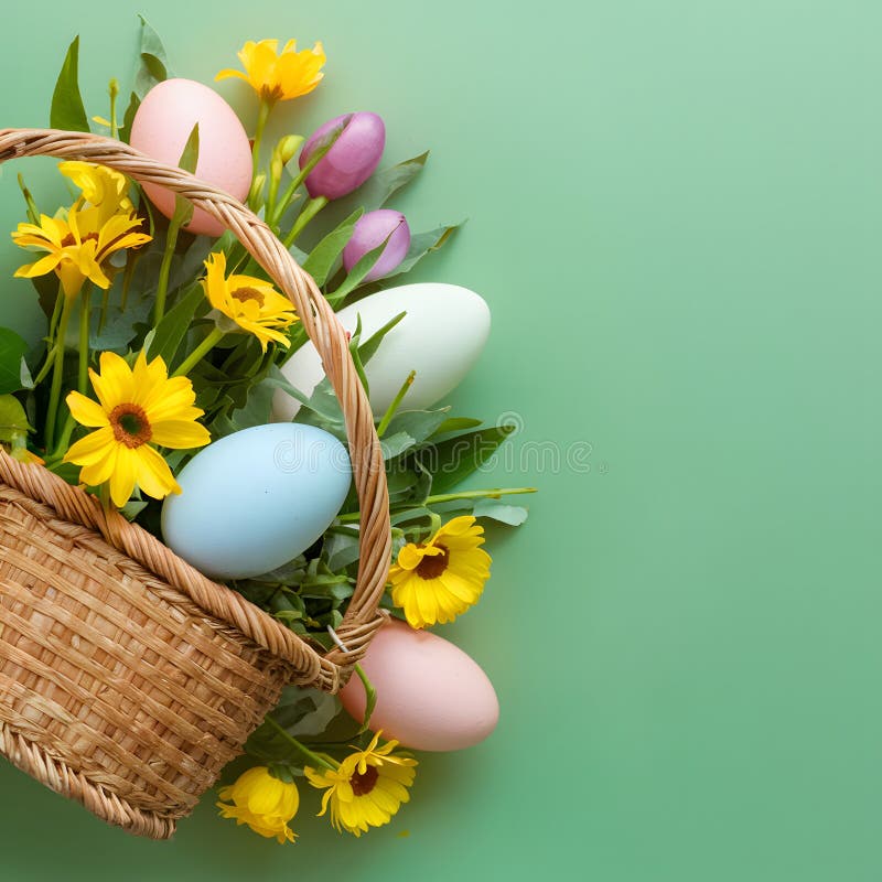 Top View Border of Easter Themed Background with Basket, Eggs, Flowers ...