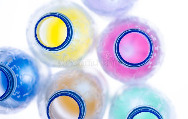 Group Water Bottles Different Colored Liquids Inside Isolated White ...