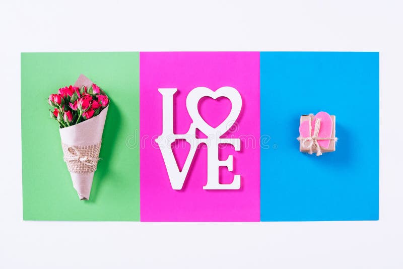 Top View of Bouquet and Valentines Present with Word Love Stock Image ...