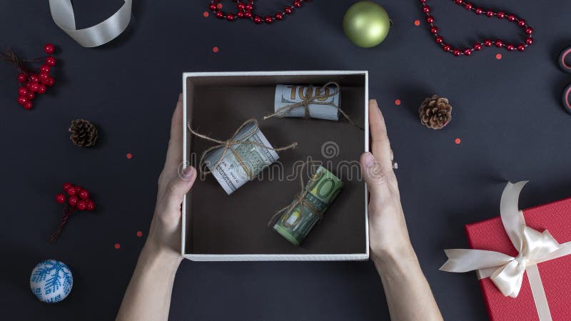 Top View, Box with Money, Packing. Gift Wrapping Handmade Stock Photo ...