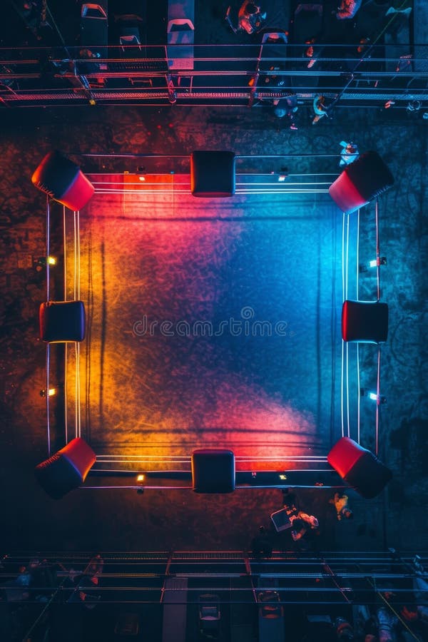 Top View of a Boxing Ring with Space-themed Illumination and Cosmic ...