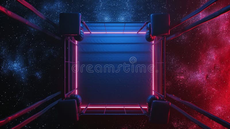 Top View of a Boxing Ring with Space-themed Illumination and Cosmic ...