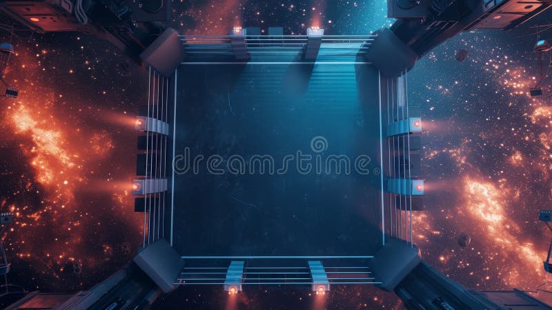 Top View of a Boxing Ring with Space-themed Illumination and Cosmic ...