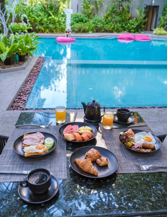 Top View of Breakfast by the Pool during Vacation Stock Photo - Image ...