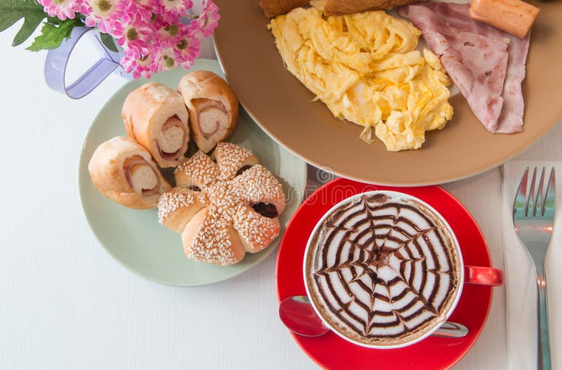 Top View Breakfast and Red Cup of Coffee Stock Photo - Image of coffee ...