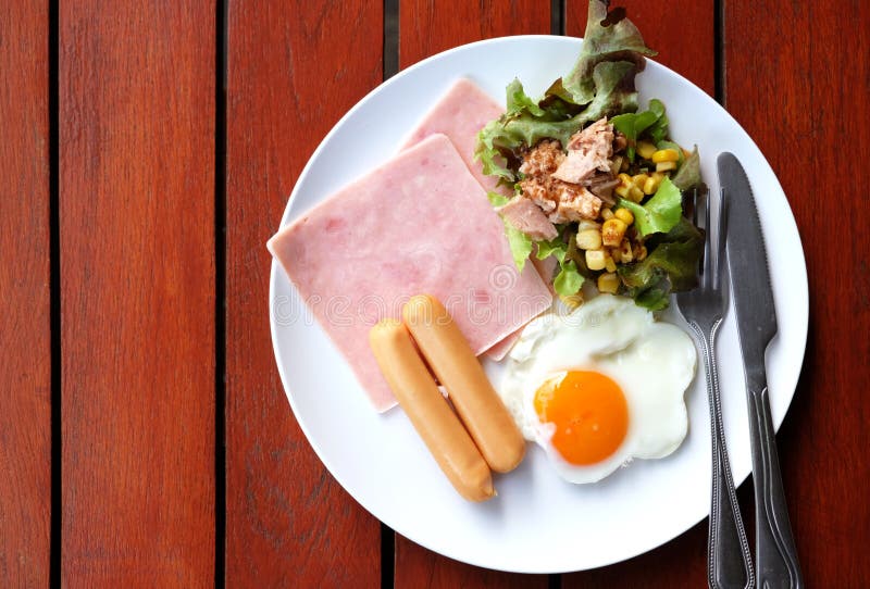 Top View of Breakfast Set on Wood Table Stock Image - Image of gourmet ...