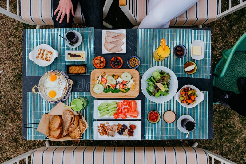 Top View of a Breakfast Table with Scrambled Eggs, Sausages, Nuts ...
